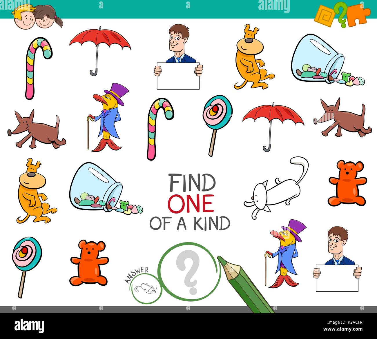 Cartoon Illustration of Find One of a Kind Educational Activity Game ...