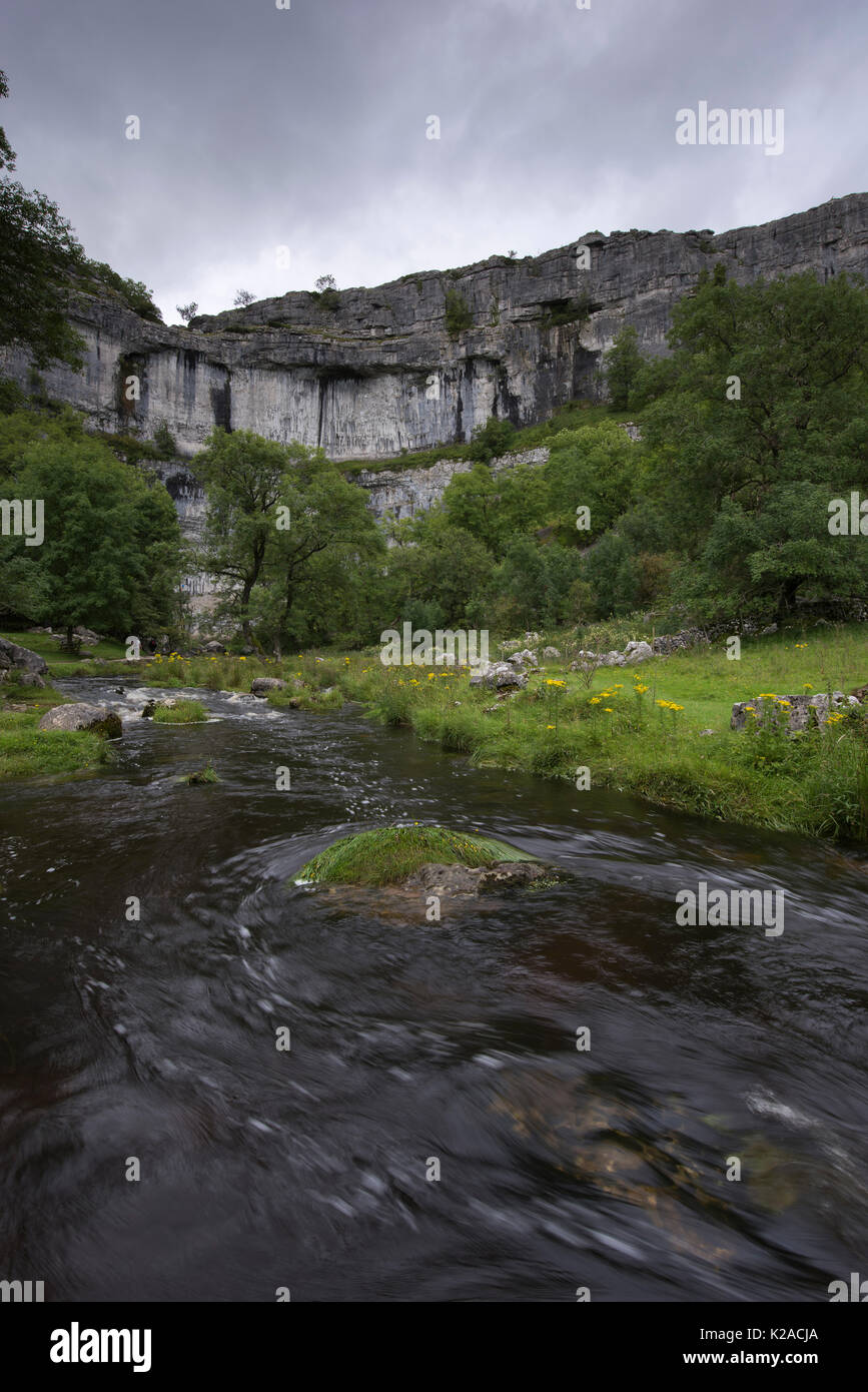 Scenic summer evening view of swirling water of Malham Beck & the Cove ...