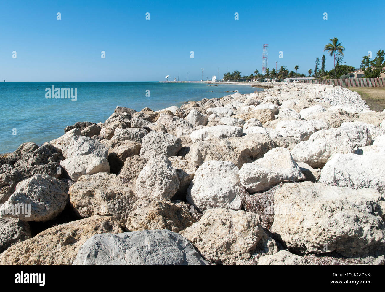 The rocky southernmost coastline along Key West town island (Florida ...