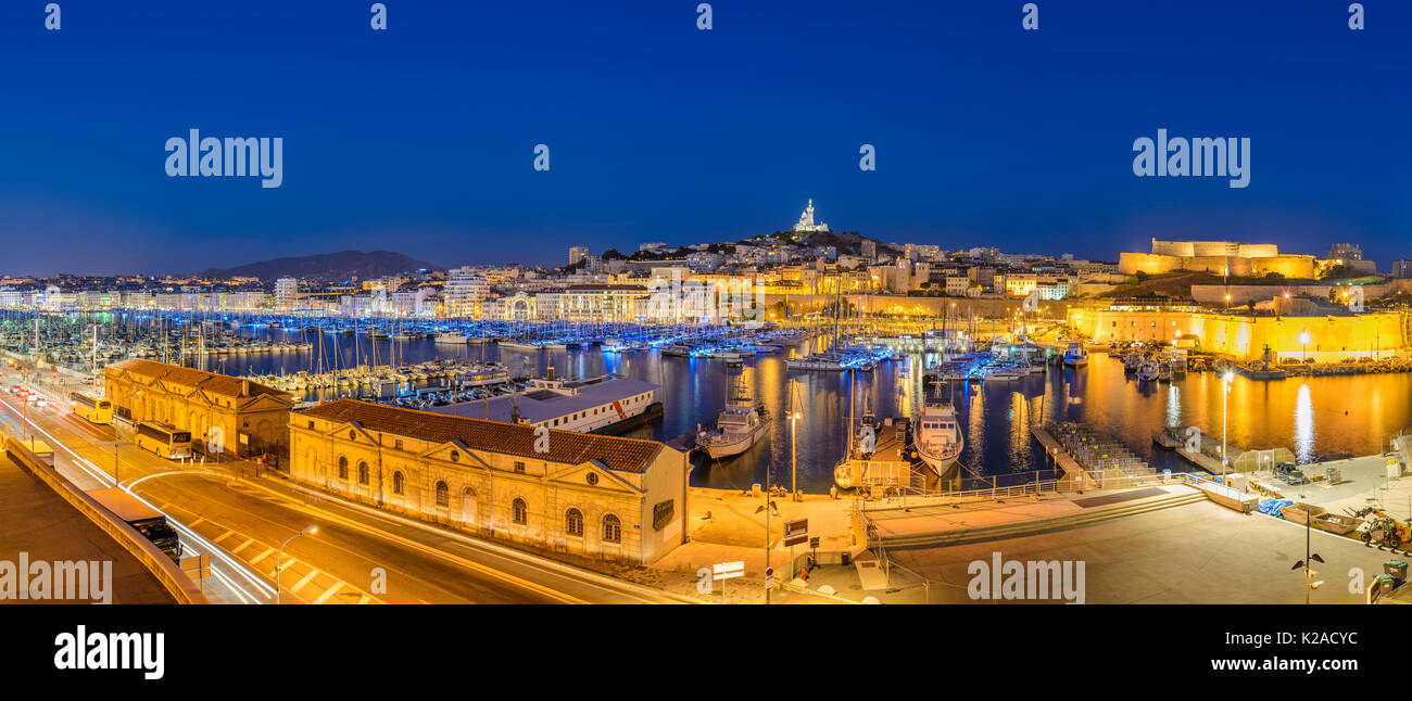 Marseille panorama night city skyline at harbour, Marseille, France ...