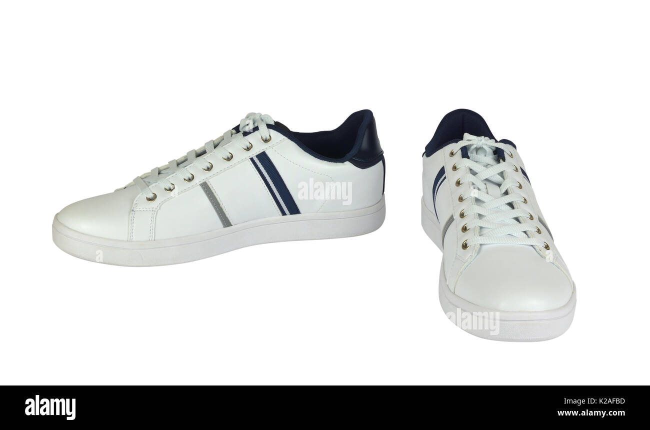 Two white sneakers, front view and side view isolated on white ...