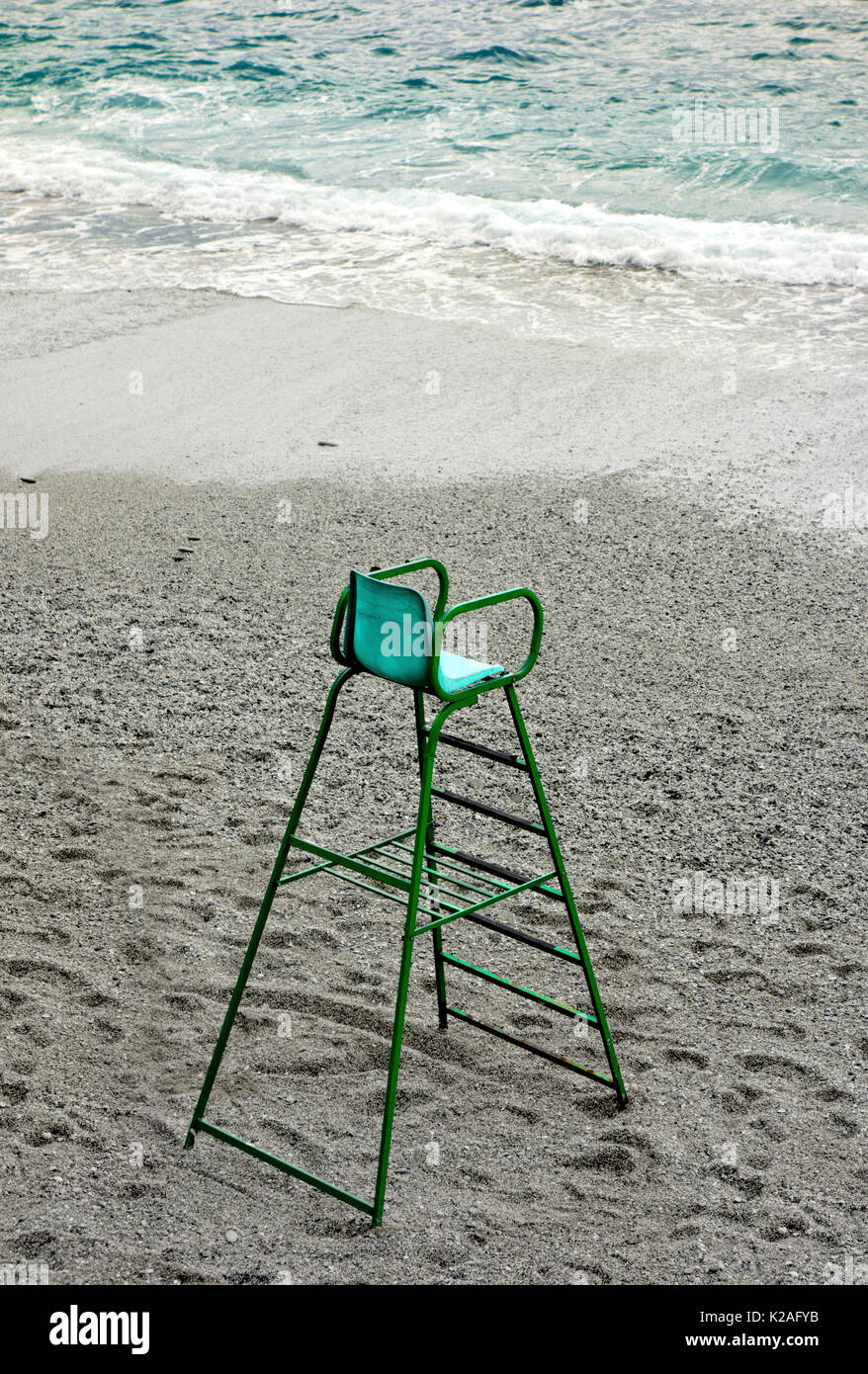 Lifeguard chair on the beach at Monterosso al Mare, Italy, 2017 Stock ...