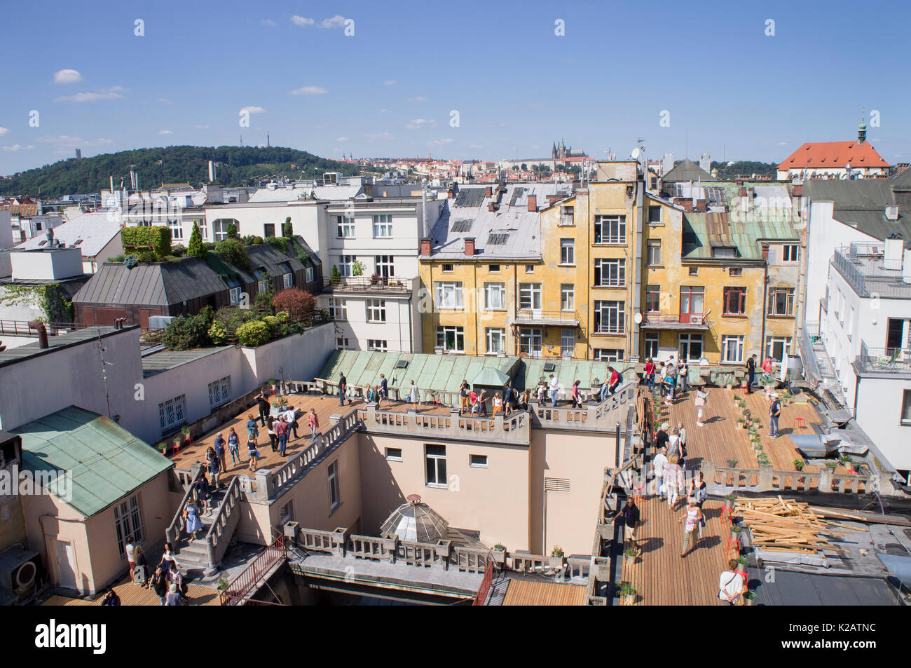 Prague Lucerna Rooftop Terrace, Prague roofs panorama view Stock Photo ...
