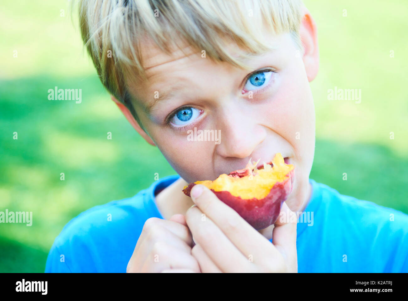Portrait of child boy eating peach. Happy child in sun summer day. Kid ...