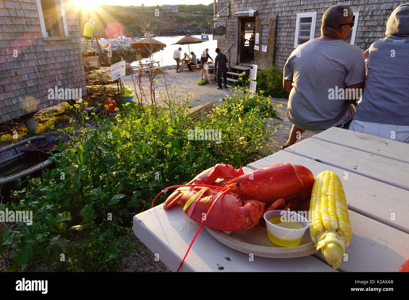 USA Maine ME Monhegan Island a lobster dinner with corn at Fish House ...