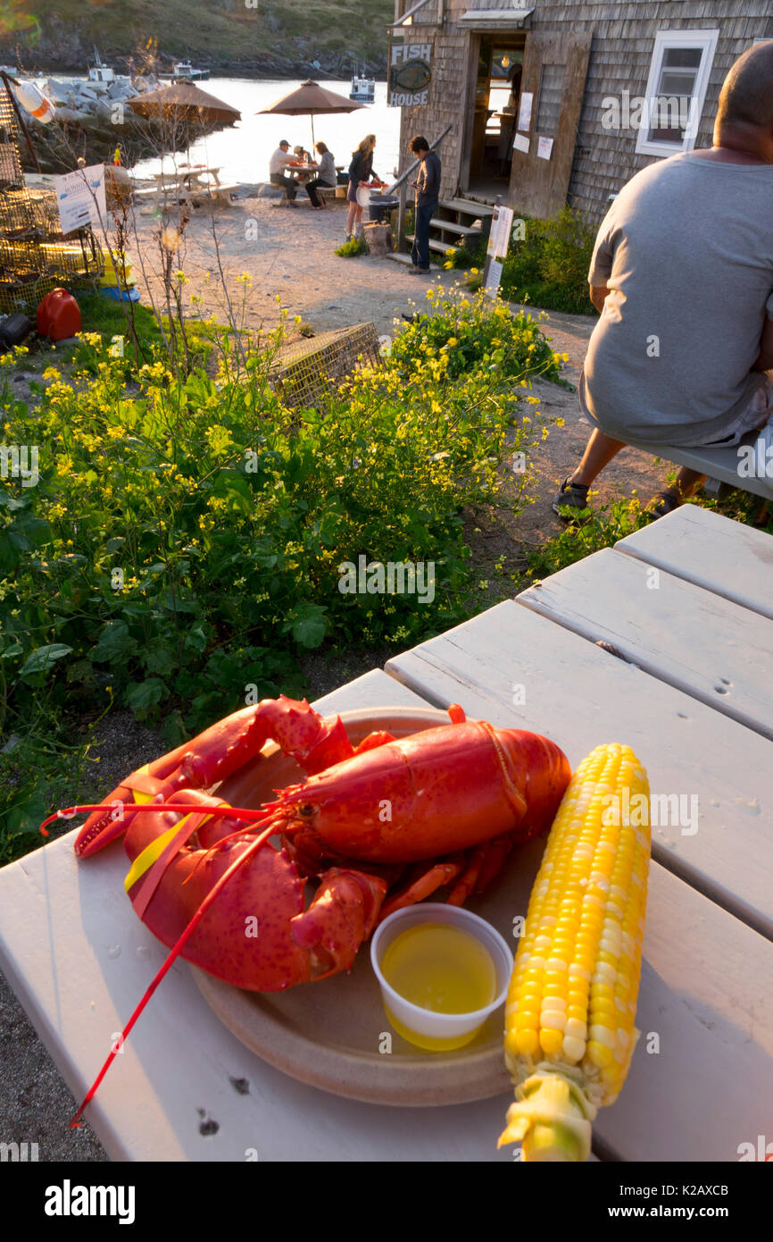 USA Maine ME Monhegan Island a lobster dinner with corn at Fish House ...