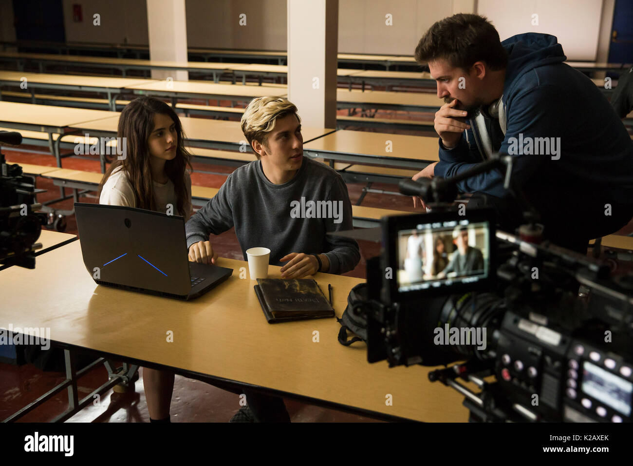 DEATH NOTE, from left: Margaret Qualley, Nat Wolff, director Adam ...