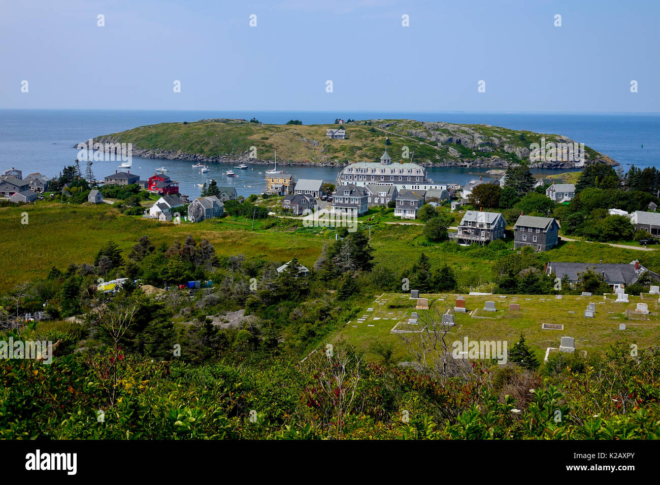 USA Maine ME Monhegan Island view of center of town from the lighthouse ...