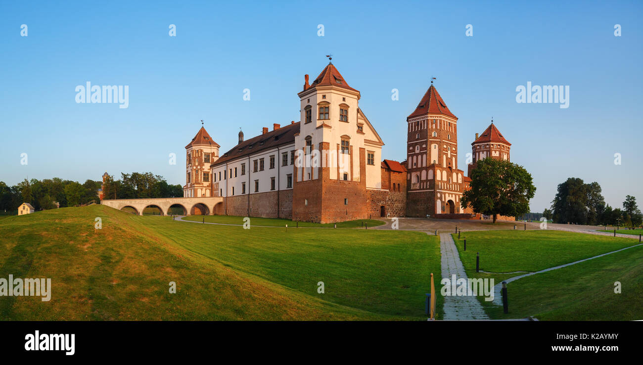 Medieval castle in Mir, Belarus. Ancient castle with towers, acute ...