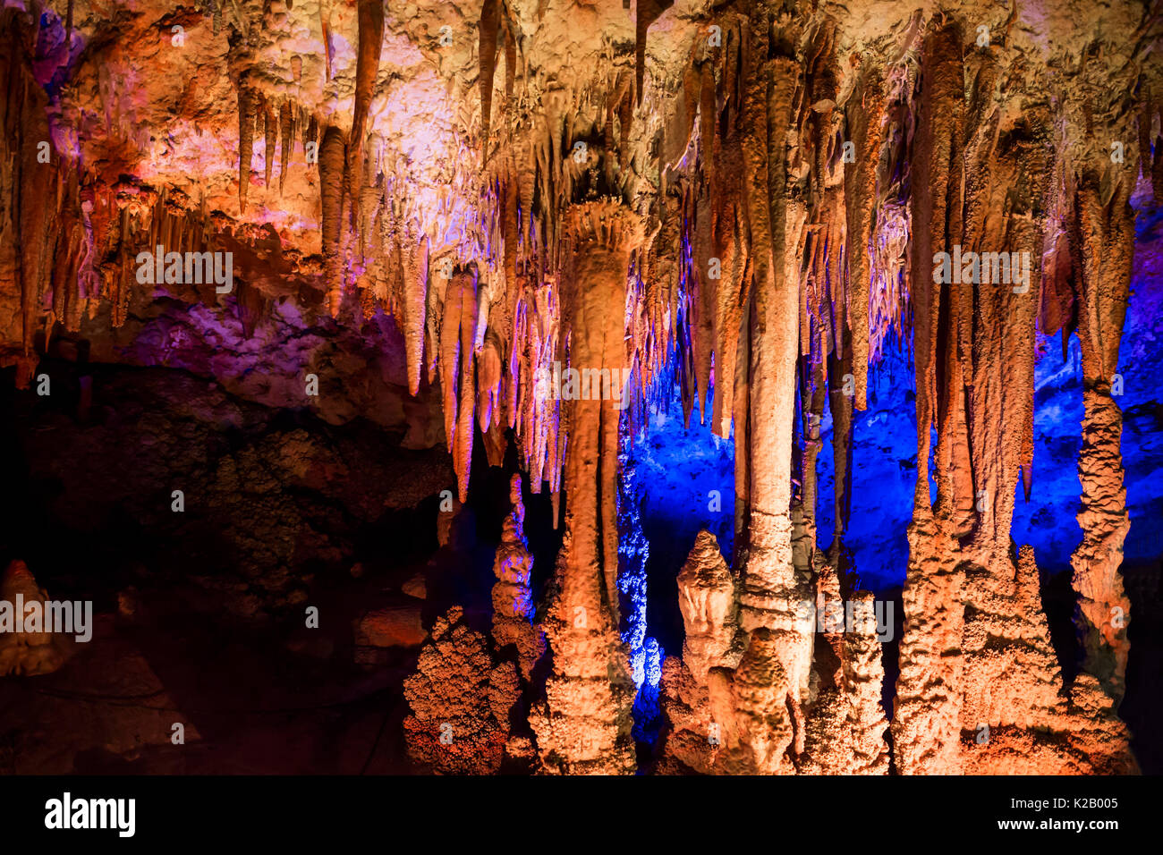 Venetsa Cave in Bulgaria. Beautiful colorful and illuminated cave full ...