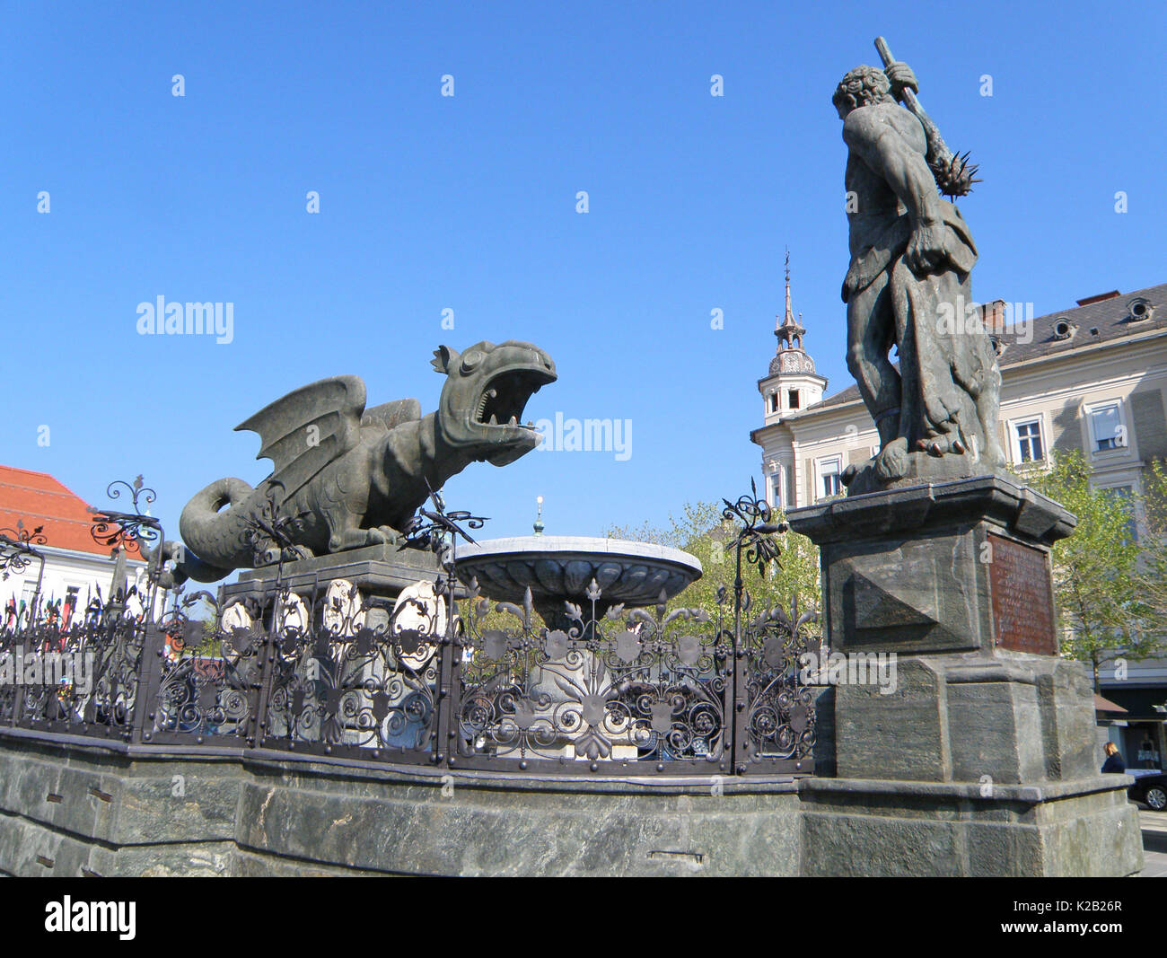 The famous landmark of Klagenfurt, medieval Dragon Fountain or the ...
