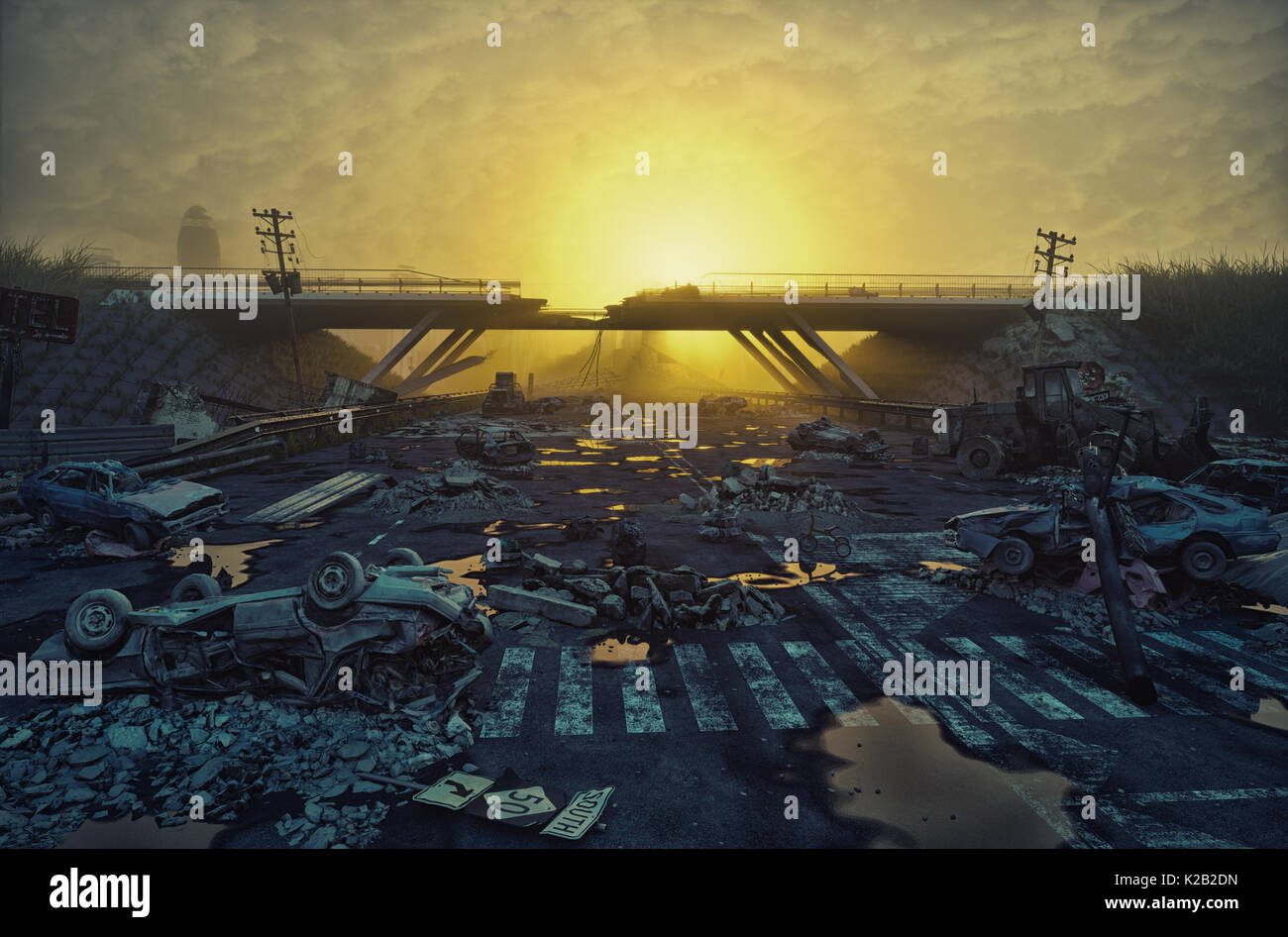 Ruins of a city highway. Apocalyptic landscape.3d illustration concept ...