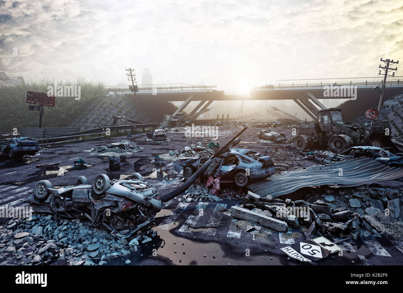 Ruins of a city highway. Apocalyptic landscape.3d illustration concept ...