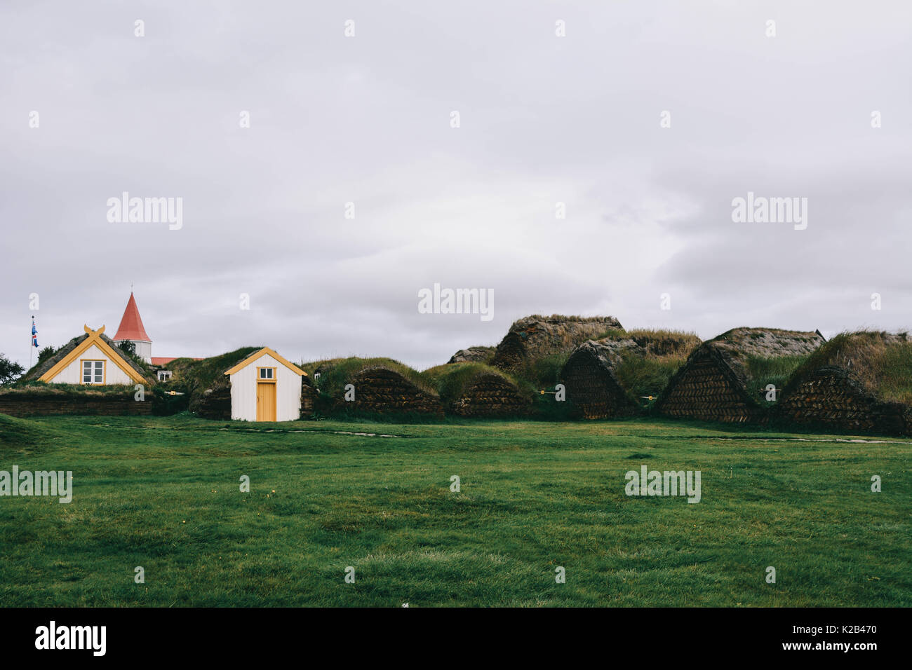 Typical small houses in Iceland. Old architecture with grassy roof ...