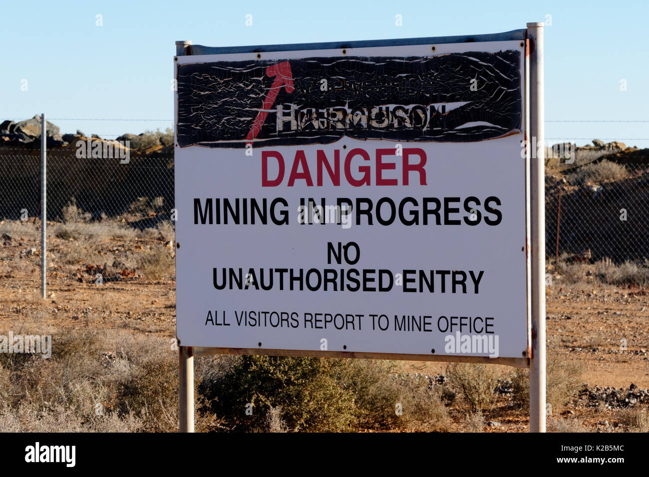 Mining in progress sign, Cue, Murchison, Western Australia Stock Photo ...
