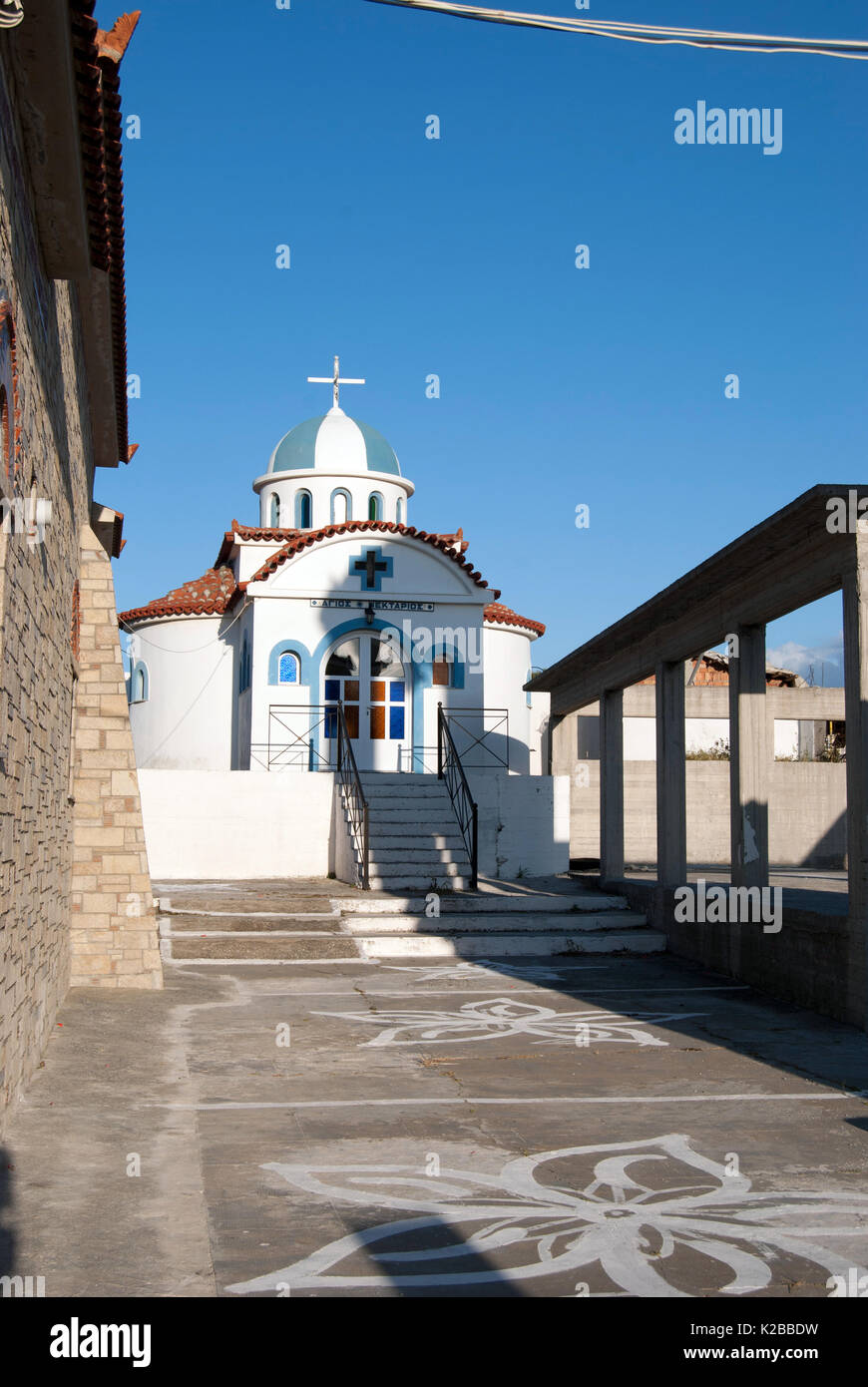 Samos Island, Greece. An orthodox church along the road to Karlovasi ...