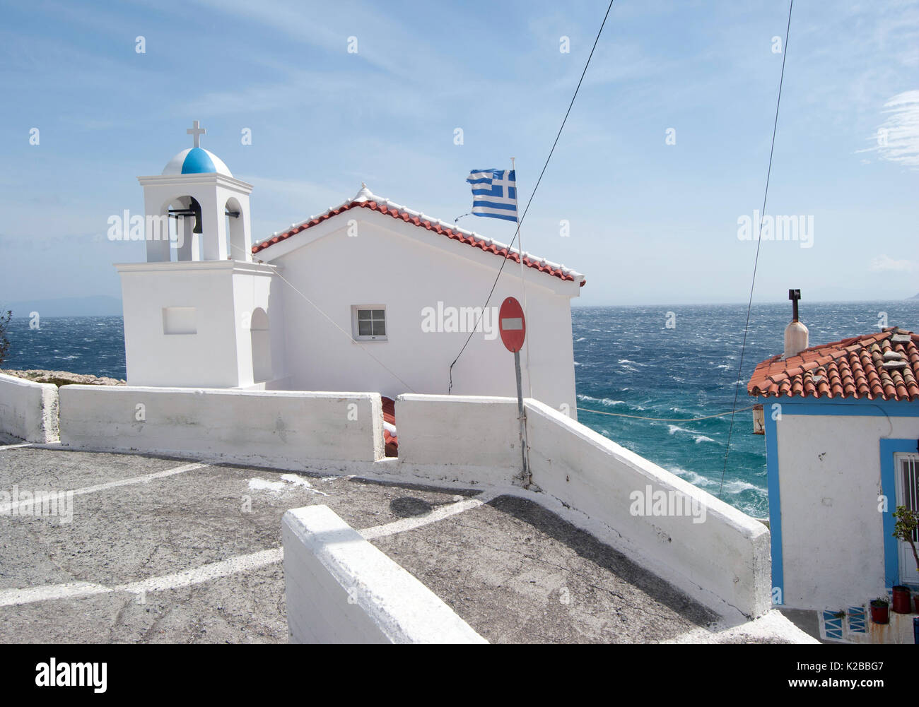 Samos Island, Greece. An orthodox church along the road to Karlovasi ...