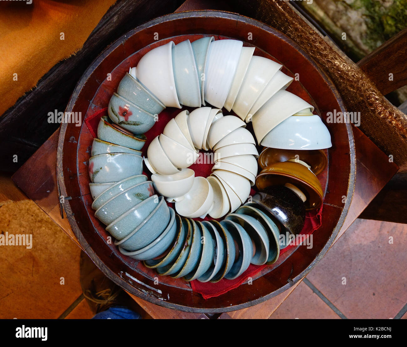Chinese-style tea cups at the kitchen of teahouse in Jiufen Old Town ...