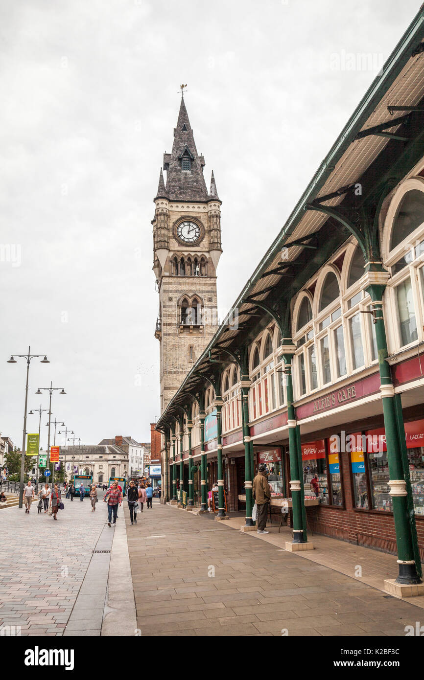 Town centre, clock tower and market in Darlington,England,UK Stock ...