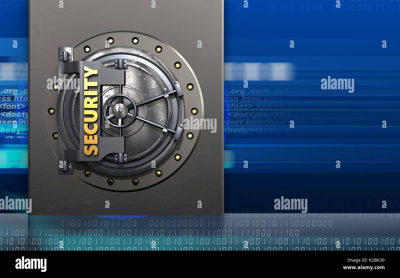 3d illustration of metal box with security door over cyber background ...