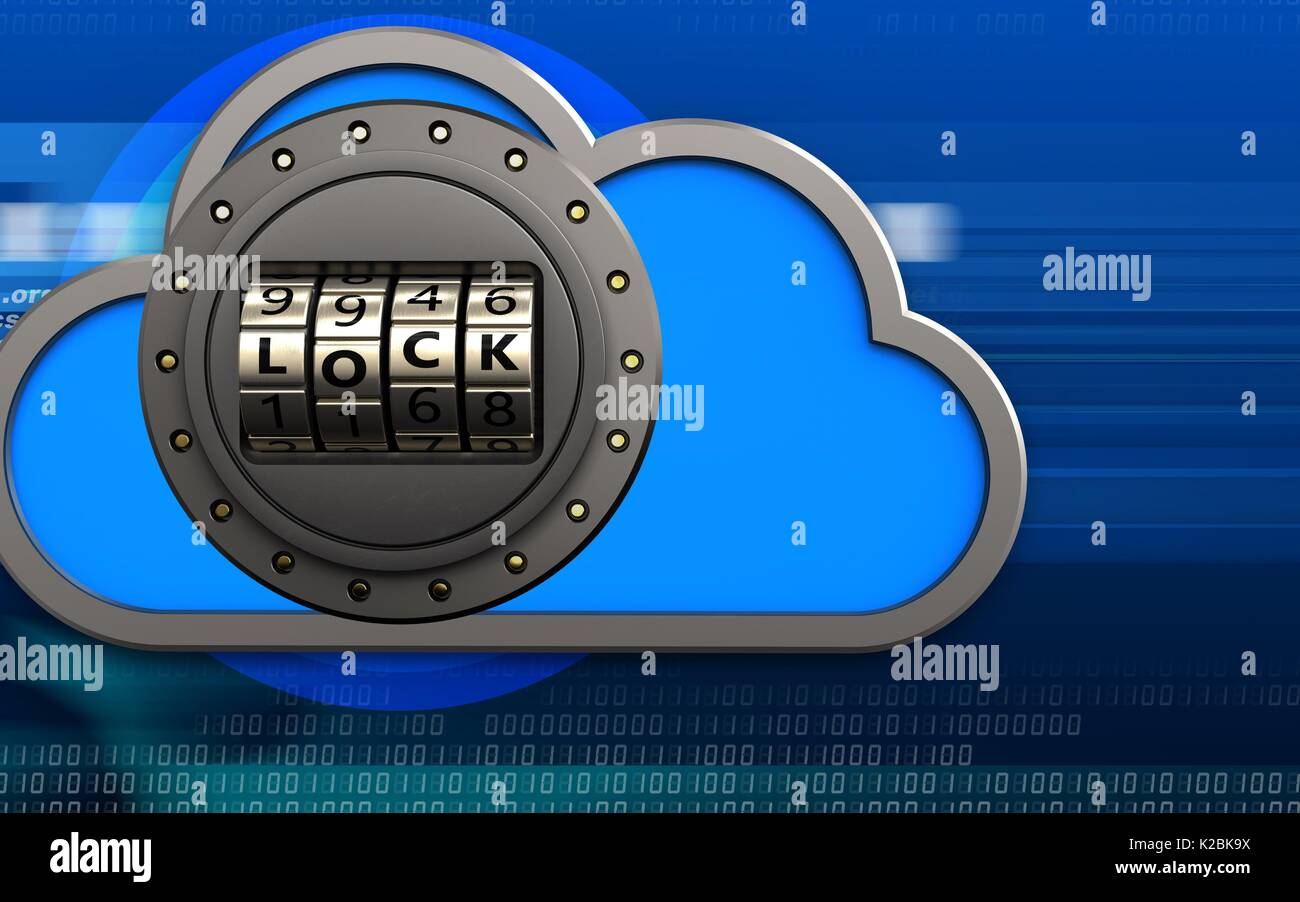 3d illustration of cloud with code lock door over cyber background ...