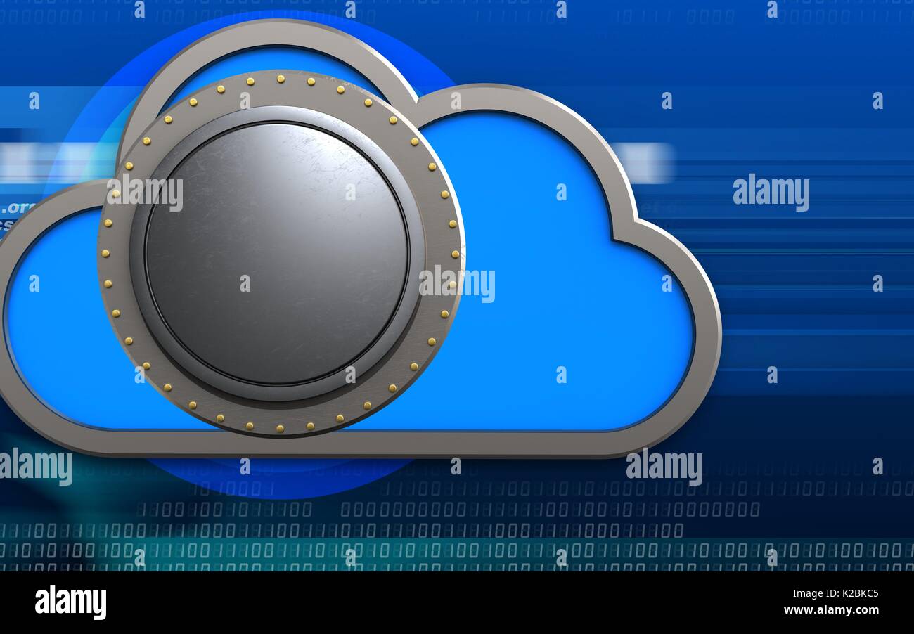 3d illustration of cloud with vault door template over cyber background ...