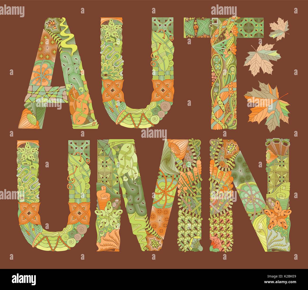 Hand-painted art design. Hand drawn illustration word AUTUMN for t ...
