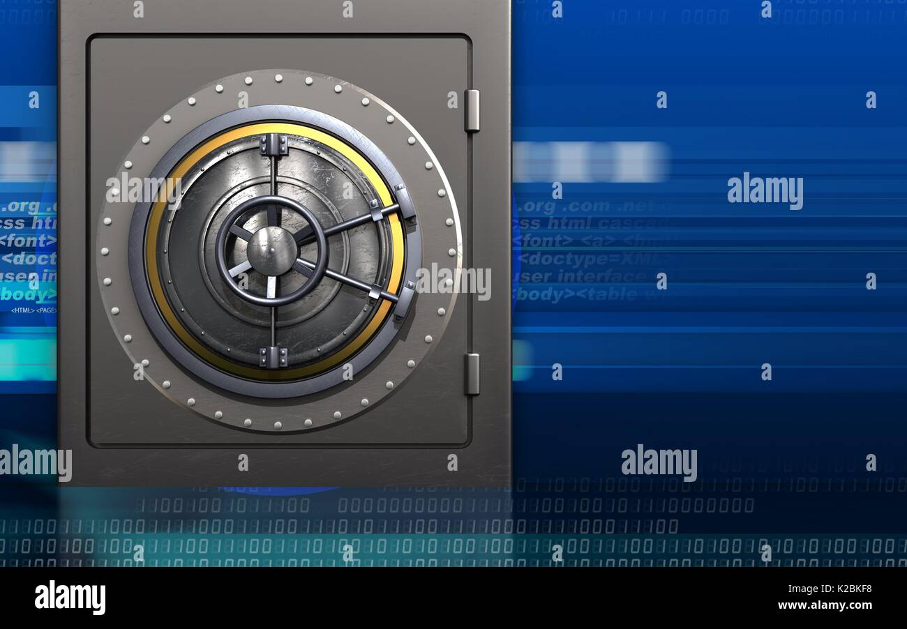 3d illustration of metal safe with wheel door over cyber background ...