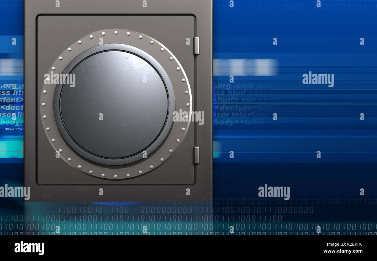 3d illustration of metal safe with vault door template over cyber ...