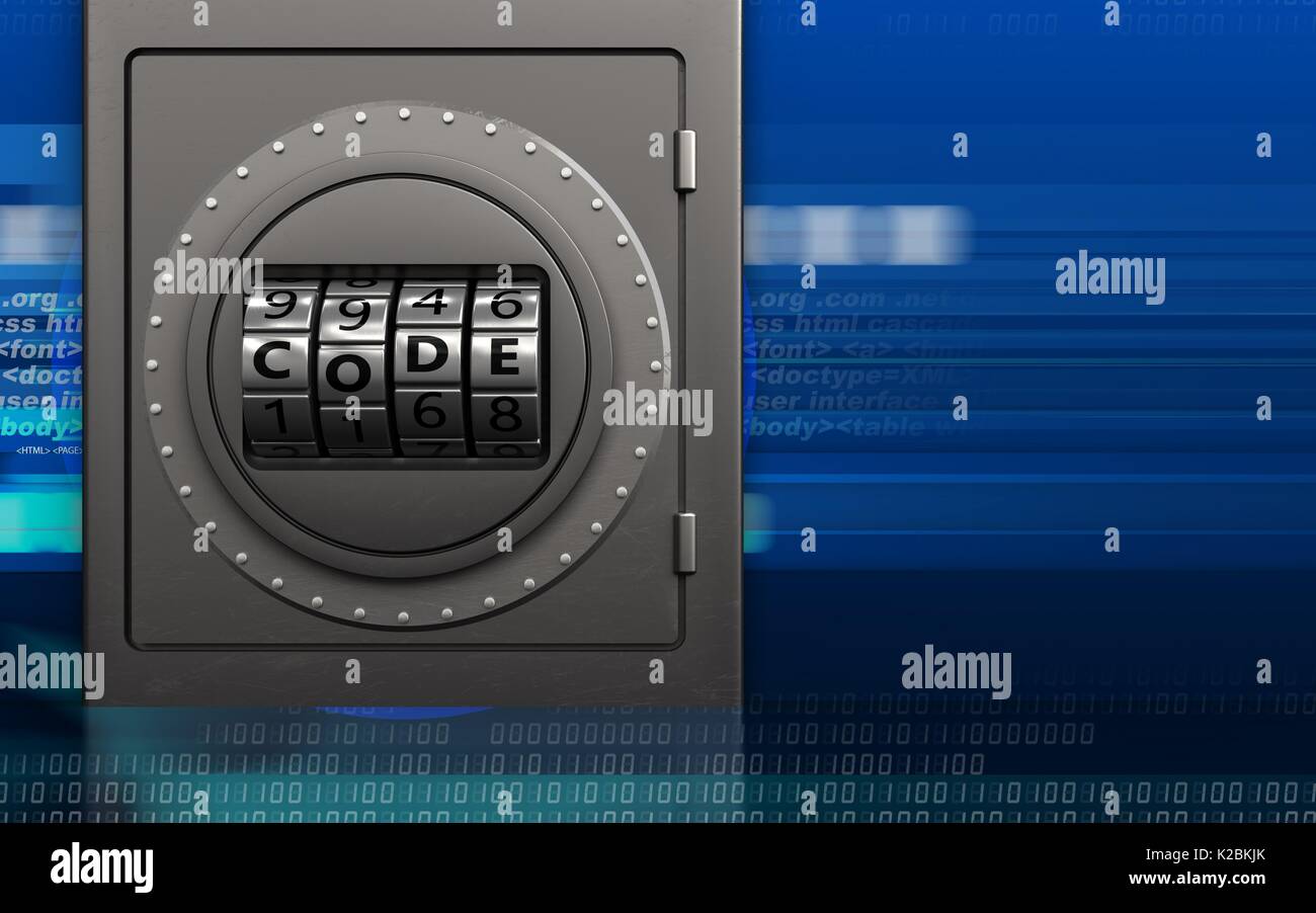 3d illustration of metal safe with code dial over cyber background ...