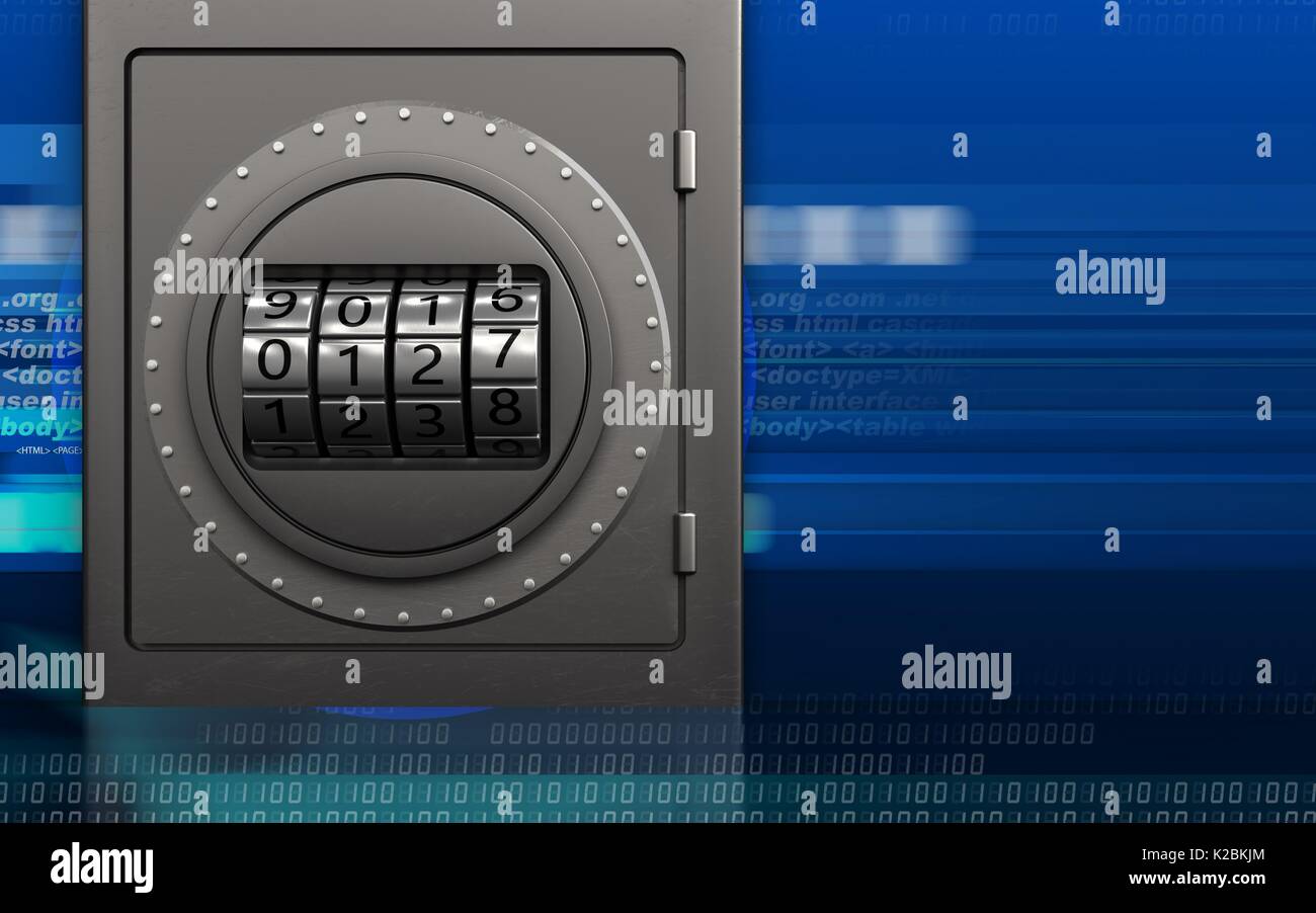 3d illustration of metal safe with code dial over cyber background ...