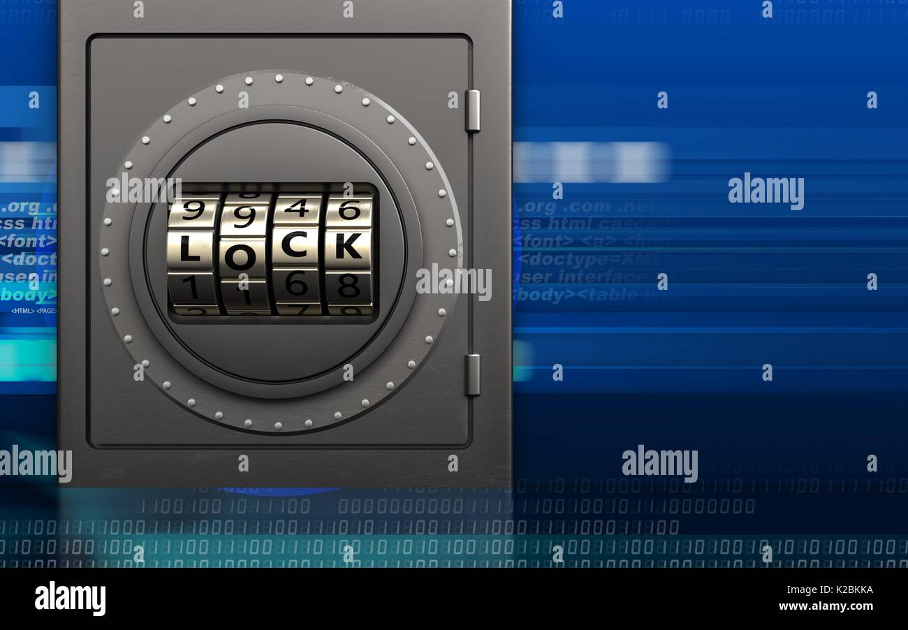 3d illustration of metal safe with code lock door over cyber background ...
