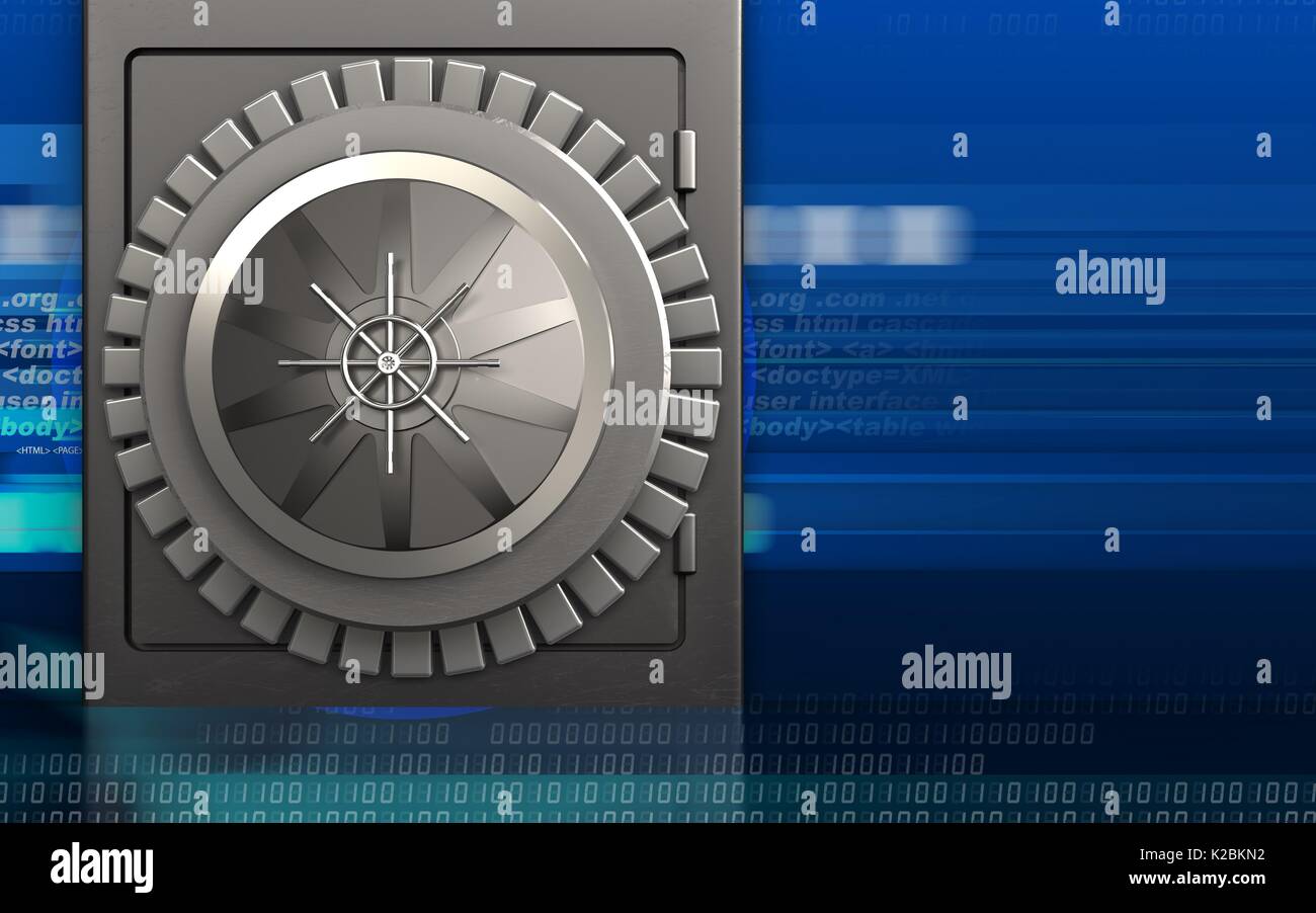 3d illustration of metal safe with vault door over cyber background ...