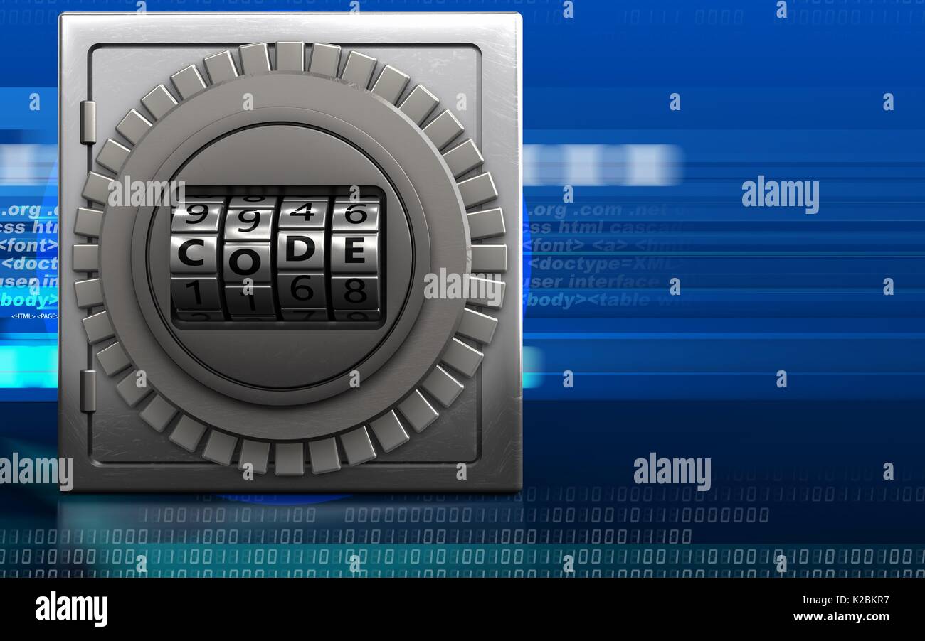 3d illustration of metal safe with code dial over cyber background ...