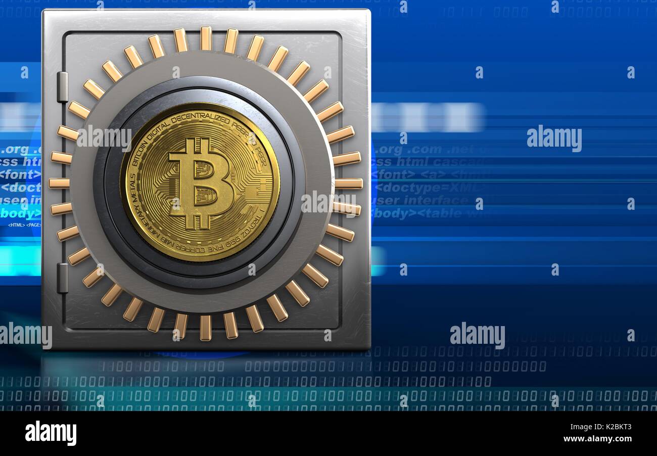3d illustration of metal safe with bitcoin safe over cyber background ...