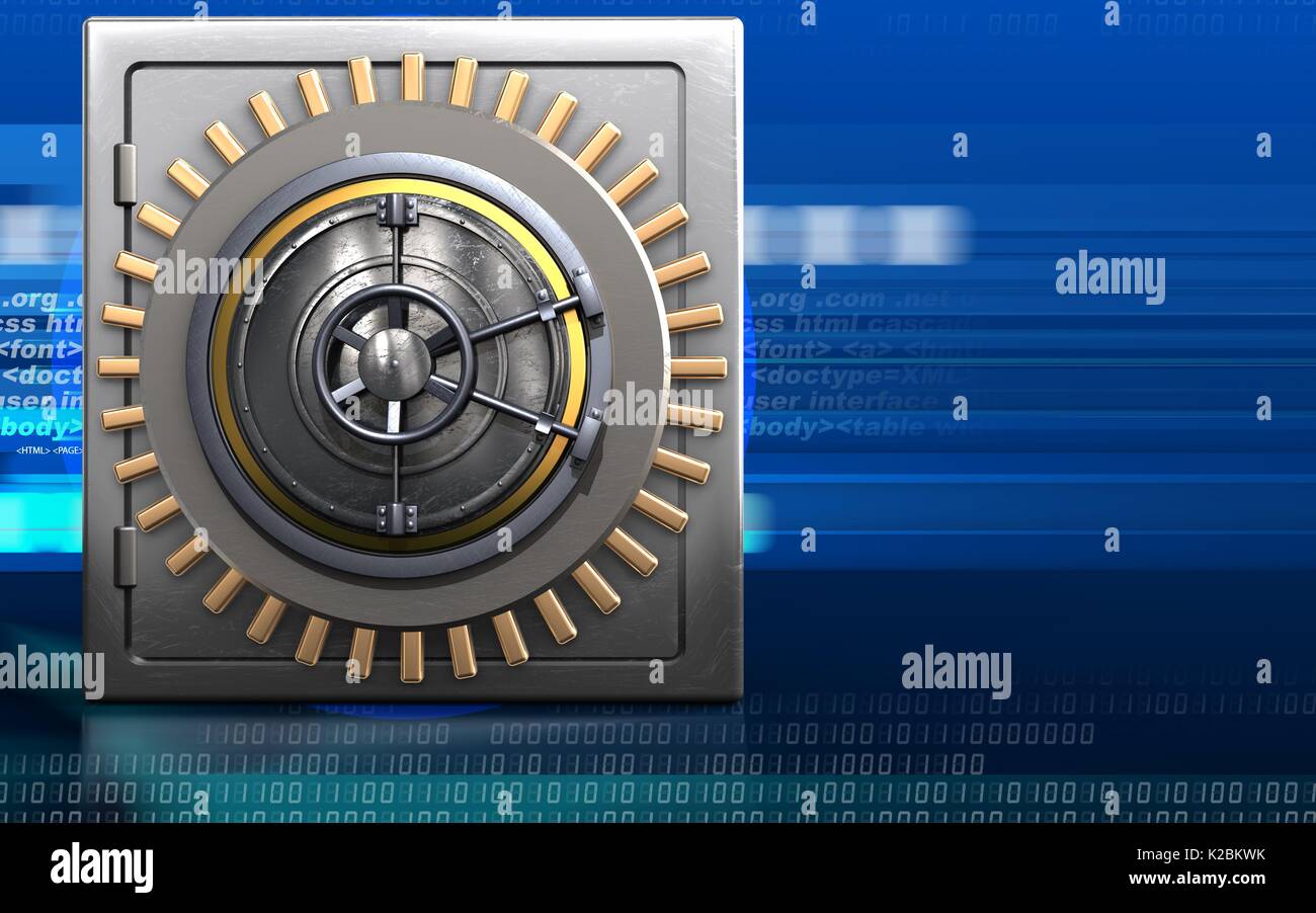 3d illustration of metal safe with wheel door over cyber background ...
