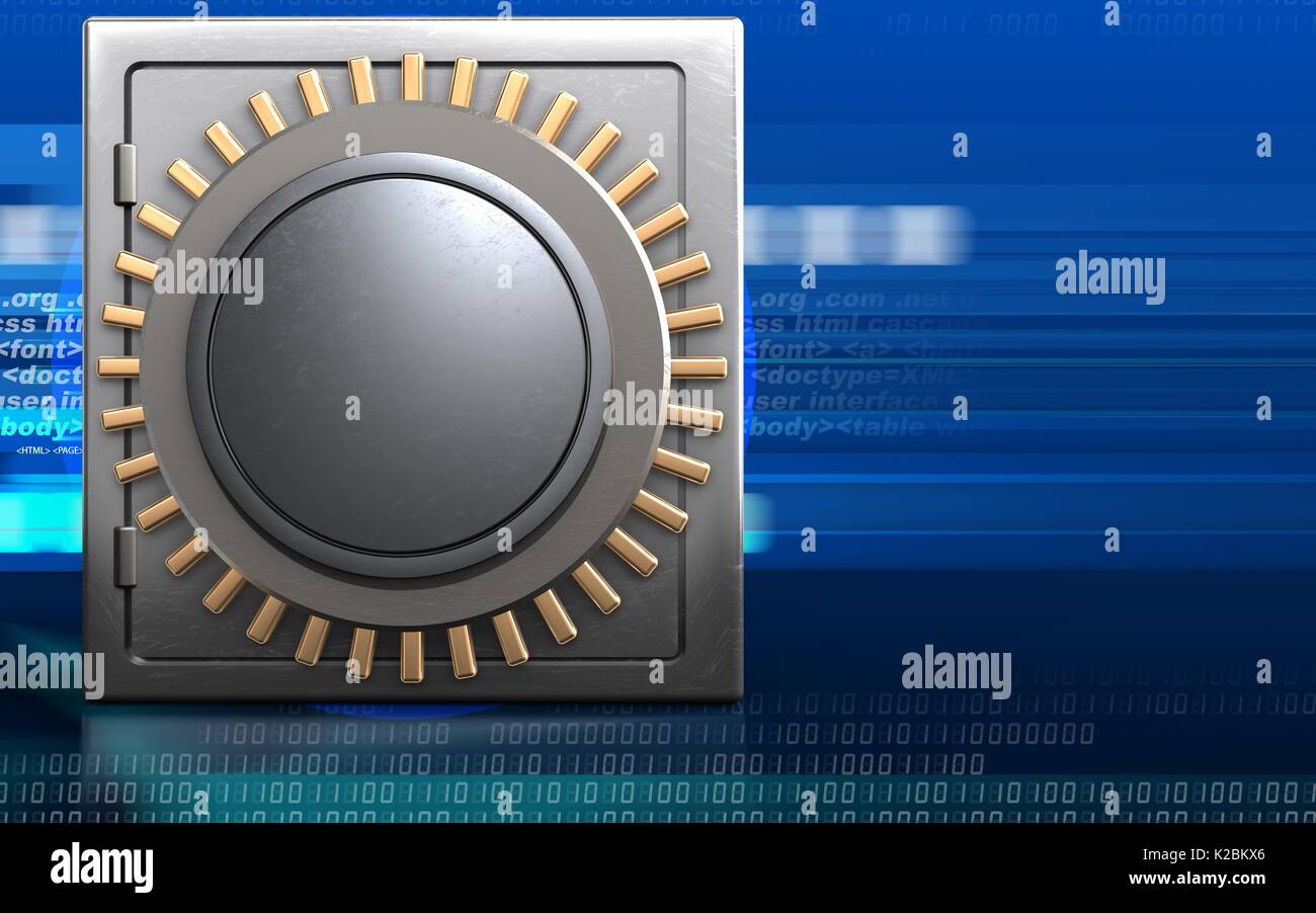 3d illustration of metal safe with vault door template over cyber ...