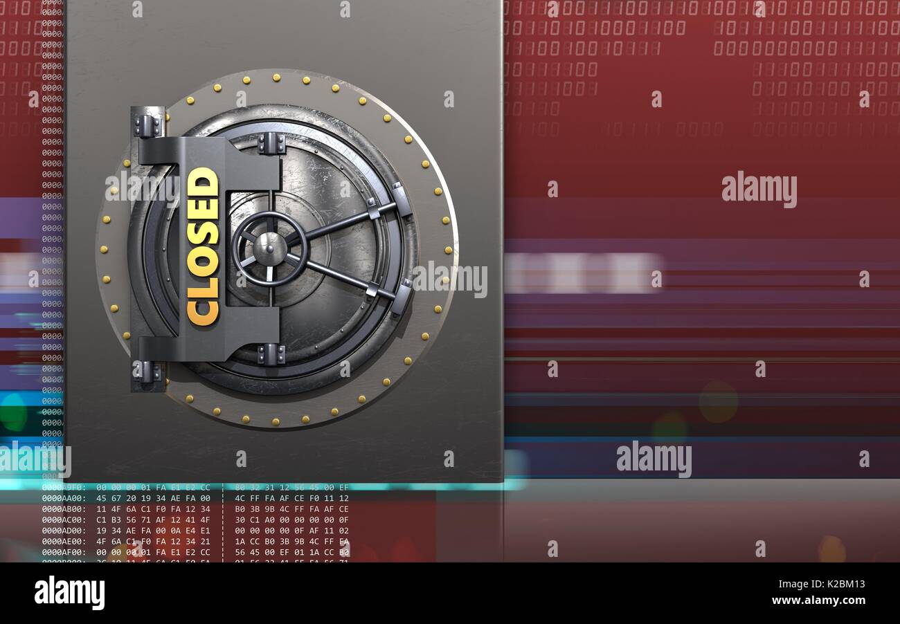 3d illustration of metal box with closed vault door over digital red ...