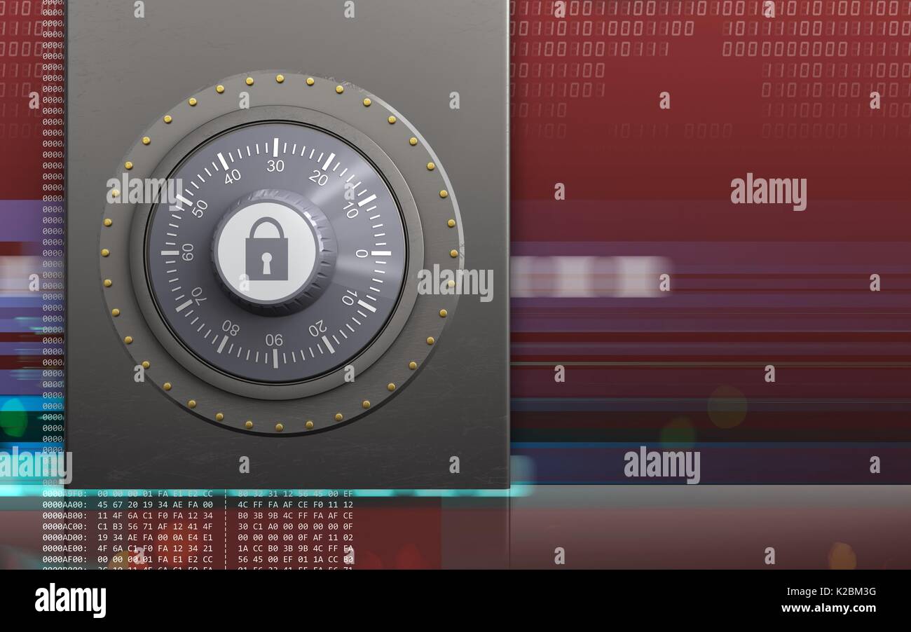 3d illustration of metal box with combination lock over digital red ...