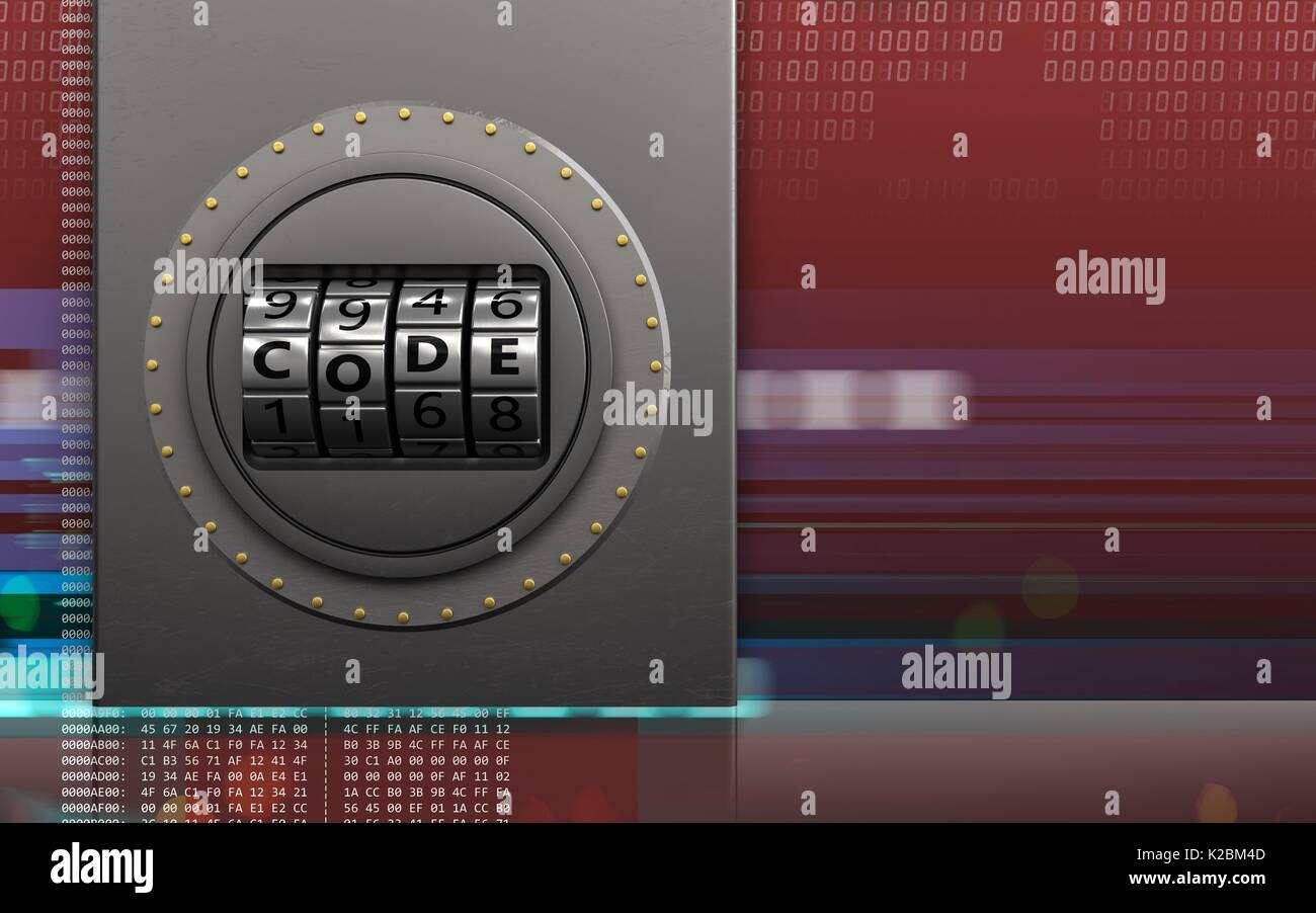 3d illustration of metal box with code dial over digital red background ...