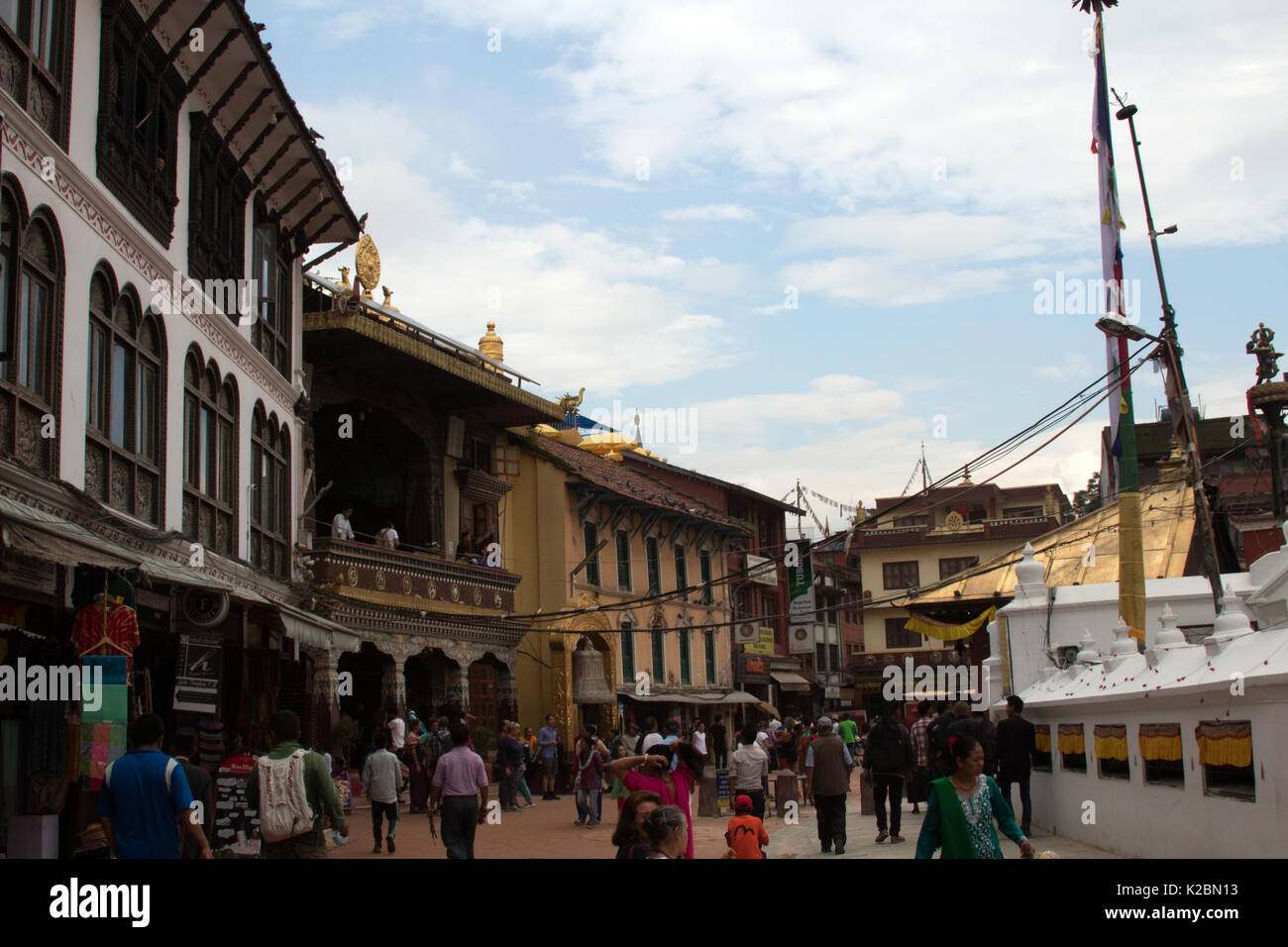 Shops and cafes around the Buddhist stupa of Boudhanath Kathmandu Nepal ...