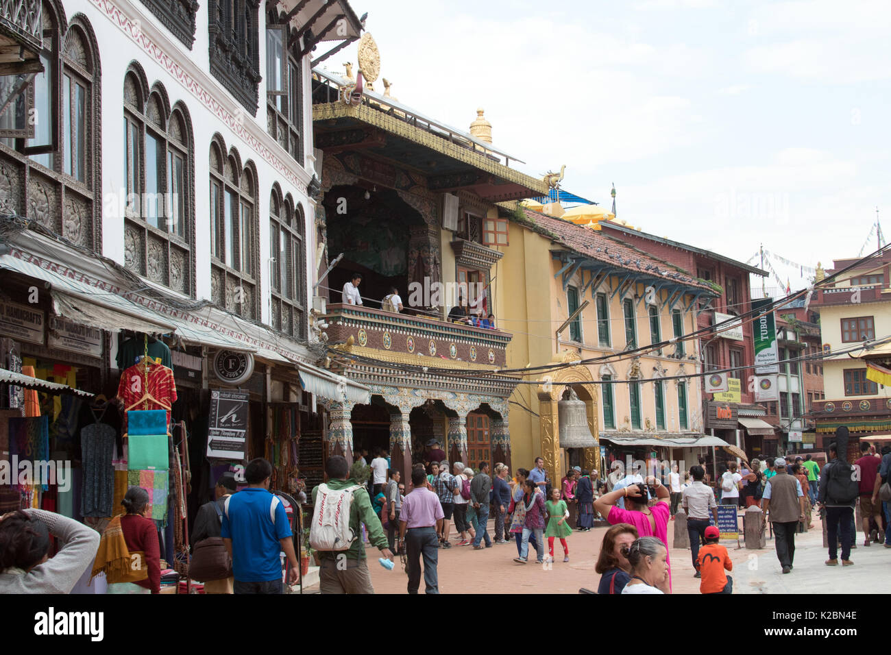 Shops and cafes around the Buddhist stupa of Boudhanath Kathmandu Nepal ...