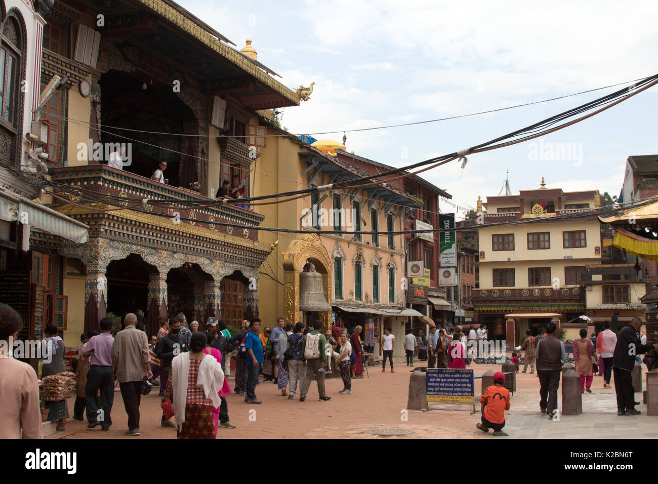 Shops and cafes around the Buddhist stupa of Boudhanath Kathmandu Nepal ...