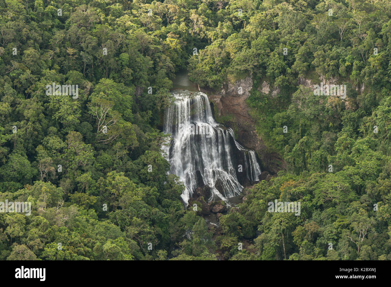 Aerial view of waterfall in mountains, Northern Division, Vanua Levu ...