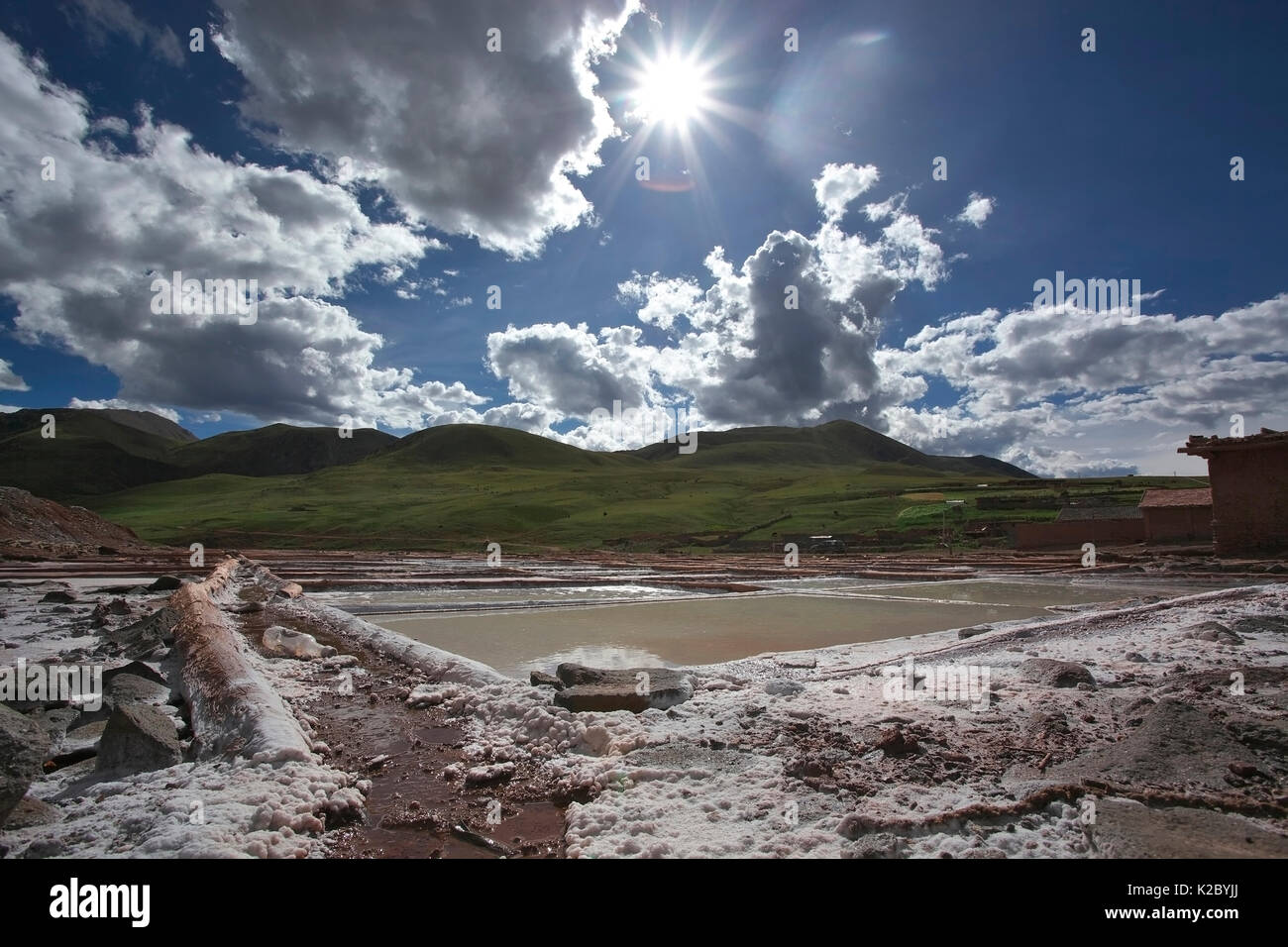 Traditional salt pans, with bright sunshine, Nangqian County, Qinghai ...