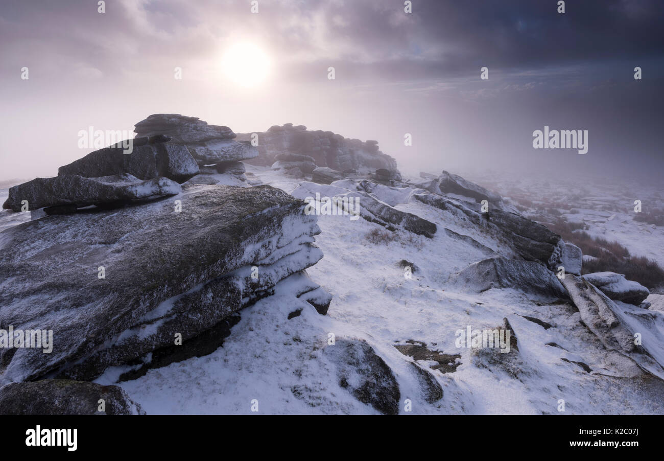 Great Mis Tor in morning covered in snow, Dartmoor National Park, Devon ...