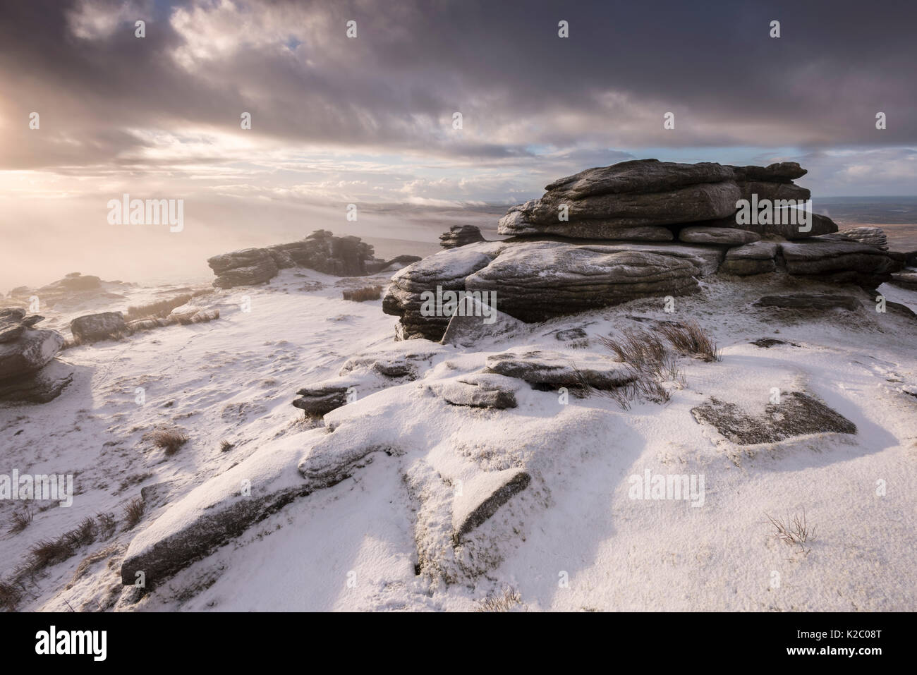Great Mis Tor, morning light and mist after snowfall, Dartmoor National ...