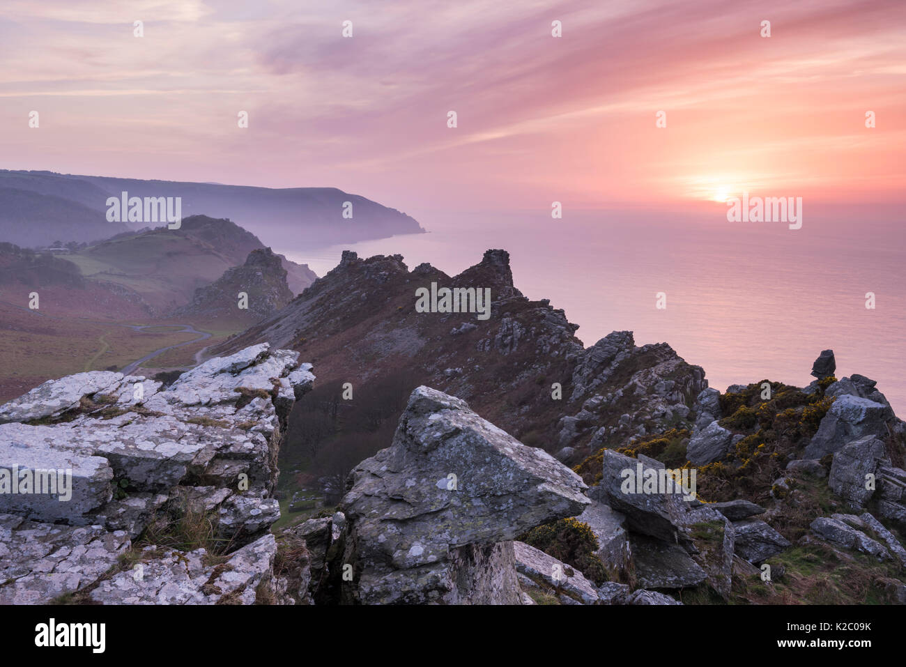 Valley of the Rocks, at sunset, Exmoor National Park, Devon, UK. April ...