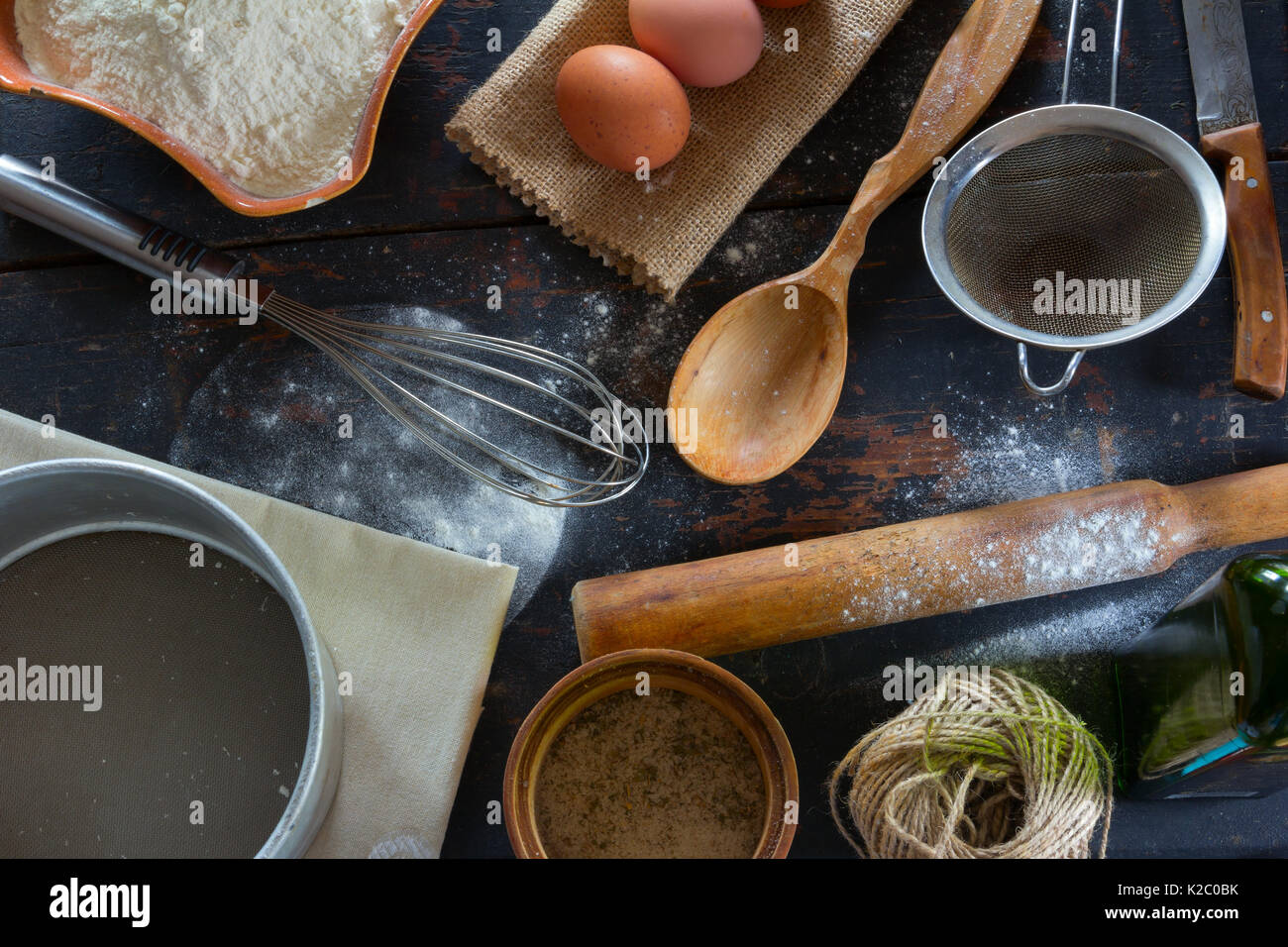 A set of old kitchen items close-up view from above. Kitchen table in a ...