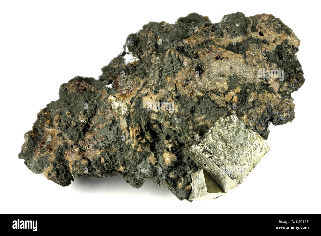 pyrite cubic crystals on bedrock from Norway isolated on white ...